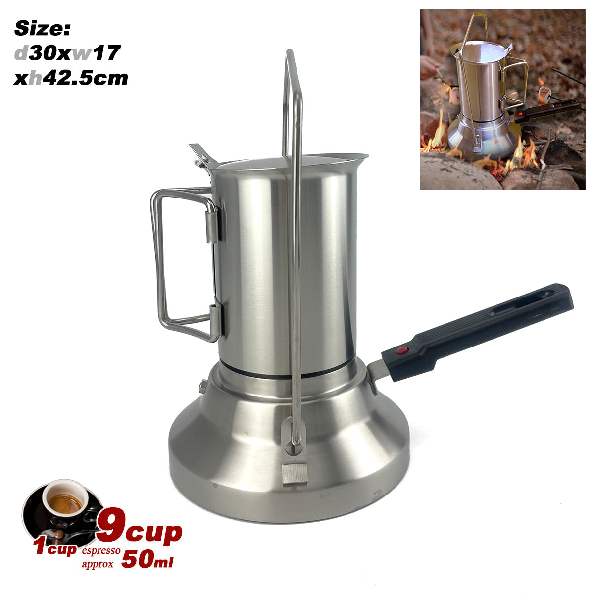 2 In 1 Camping Stainless Steel 9Cup Pot Moka Coffee Maker Italian ...